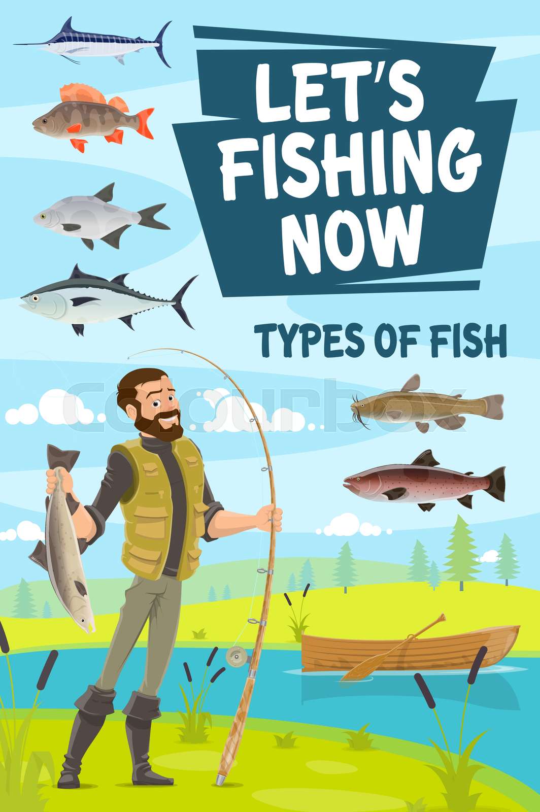 Fishing poster with fisherman holding pike and rod | Stock vector ...