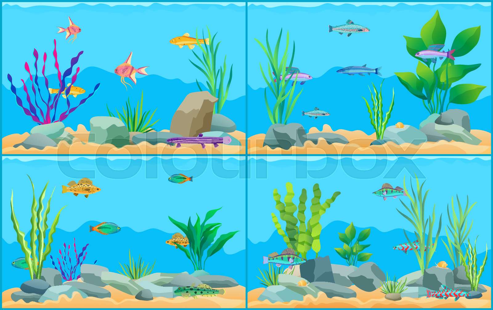 Colorful Cartoon Aquarium Fishes Set Promo Poster | Stock vector ...