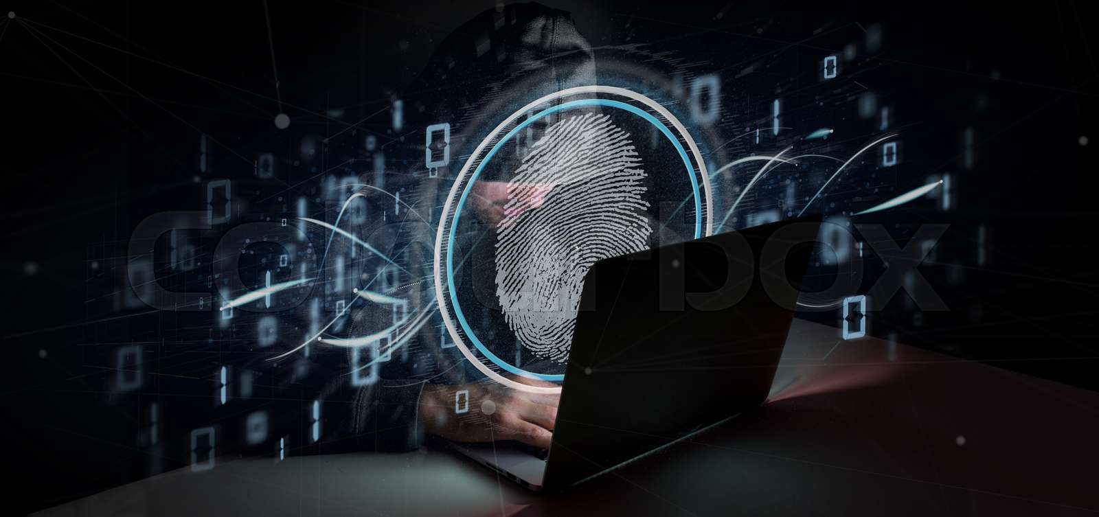 Man hacking a Digital fingerprint identification and binary code 3d ...