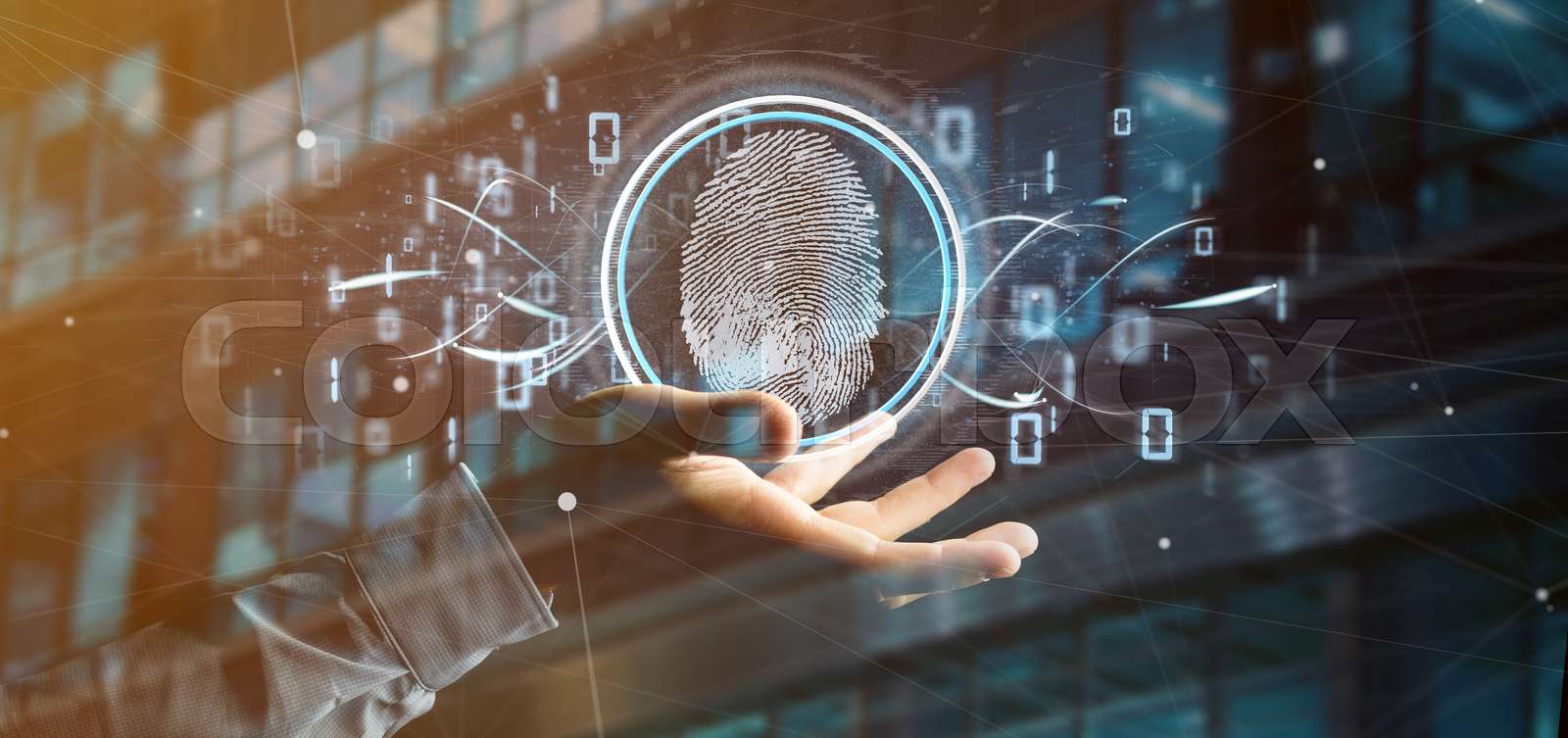 Businessman holding a Digital fingerprint identification and binary code 3d rendering | Stock ...