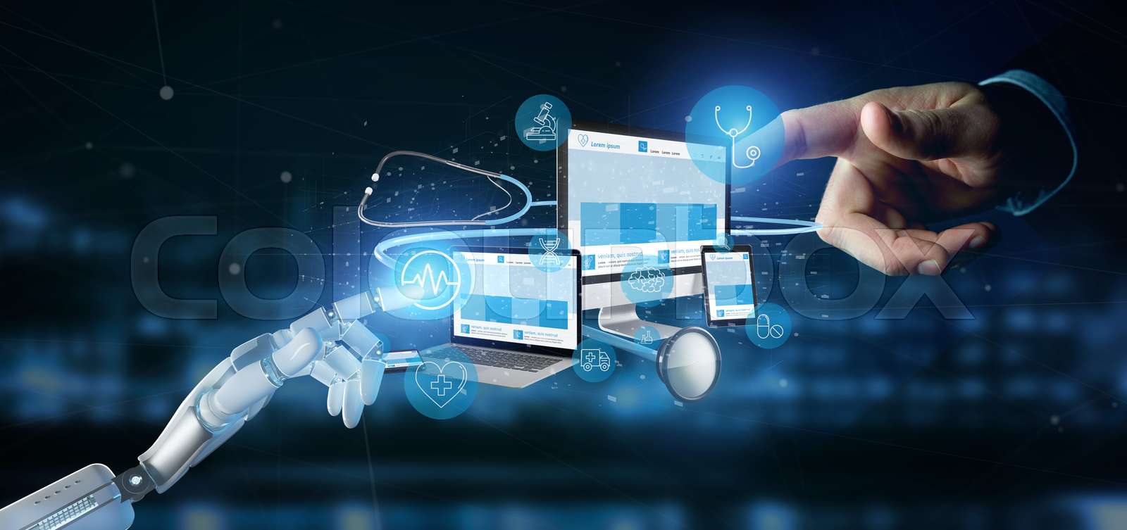 Cyborg hand holding Devices with medical icon and stethoscope 3d ...