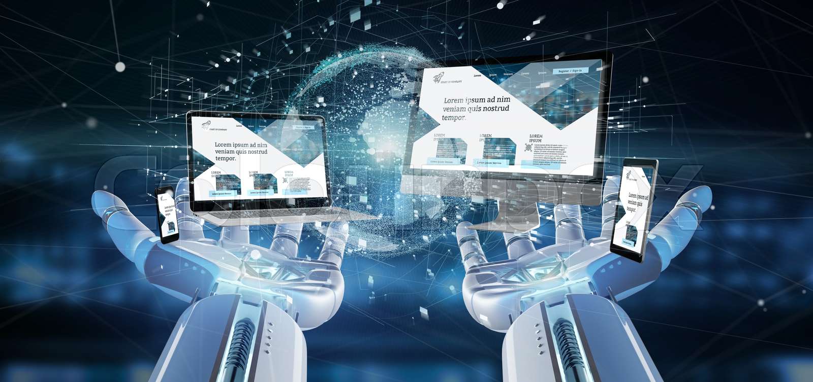 Cyborg hand holding a Devices connected to a global business network 3d ...