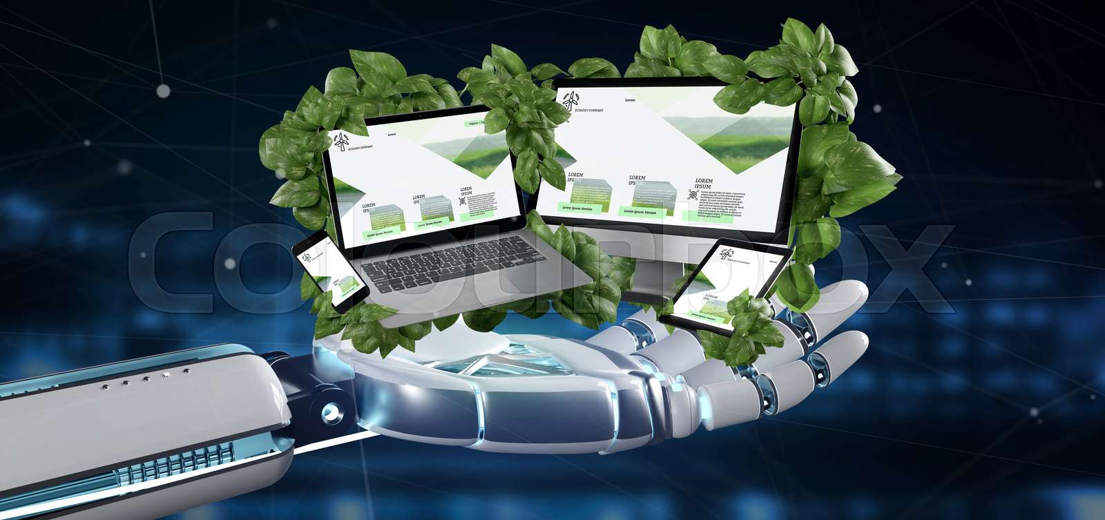 Cyborg holding a Connected devices surrounding by leaves 3d rendering ...
