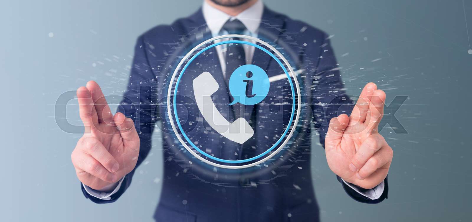 Businessman holding a customer and assistance hotline service button 3d ...