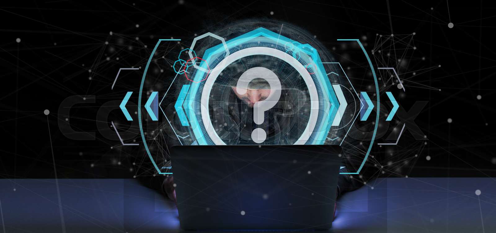 Hacker Man holding a Technology question mark icon on a circle 3d ...