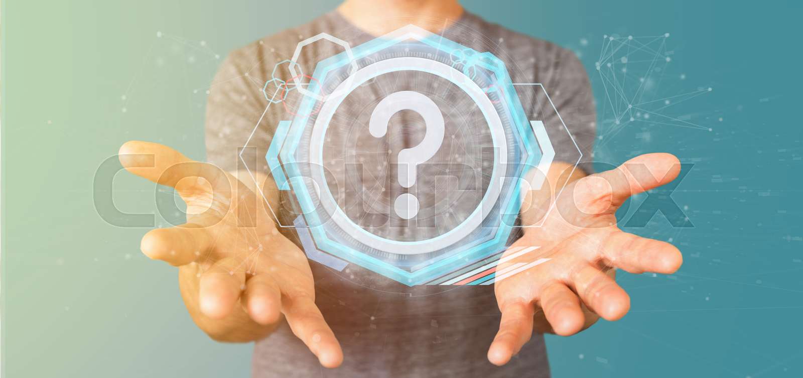 Man holding a Technology question mark icon on a circle 3d rendering ...