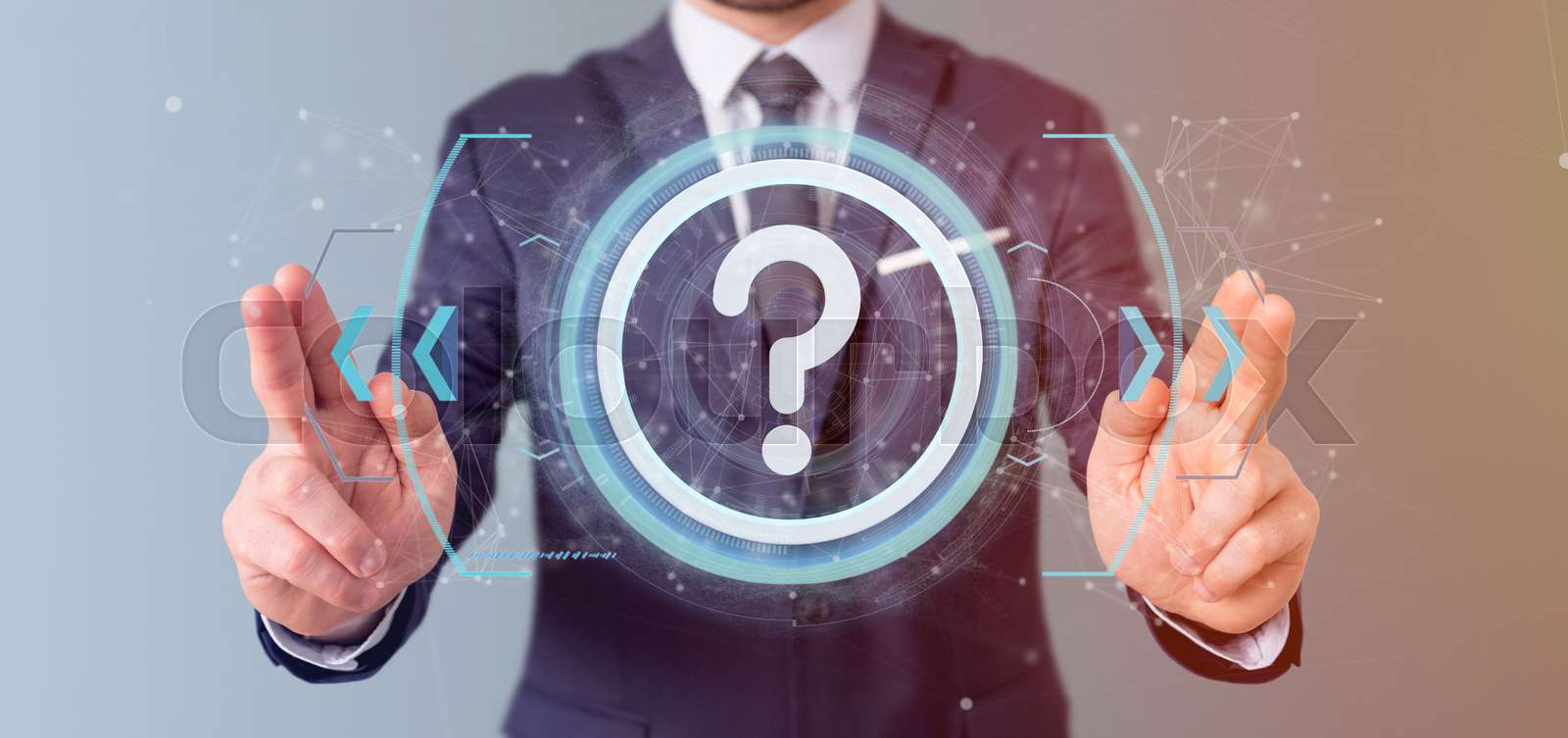 Man holding a Technology question mark icon on a circle 3d rendering ...