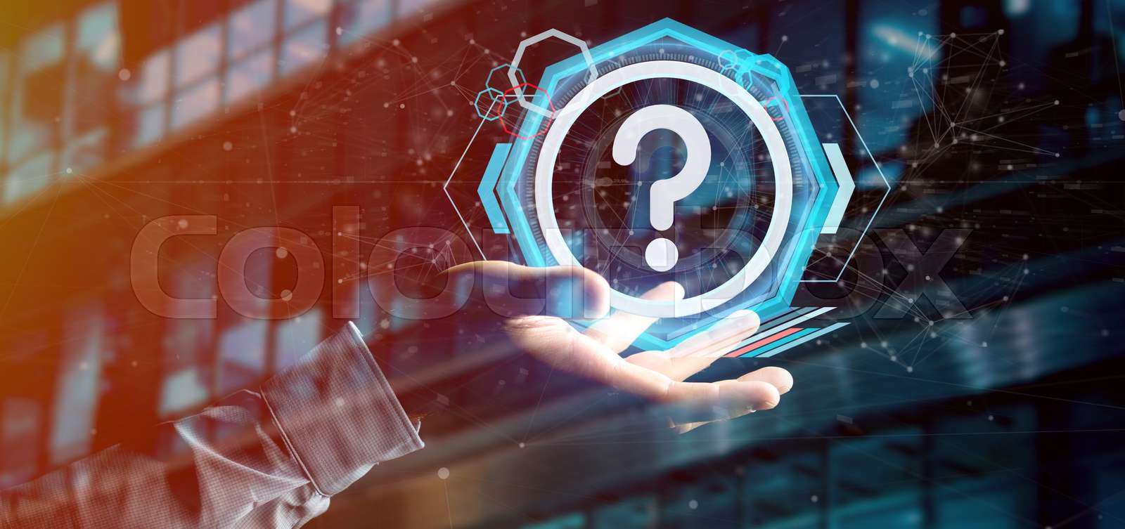 Man holding a Technology question mark icon on a circle 3d rendering ...
