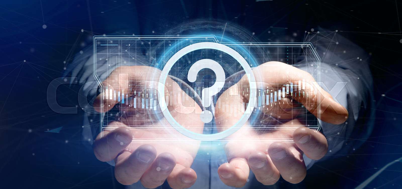 Man holding a Technology question mark icon on a circle 3d rendering ...