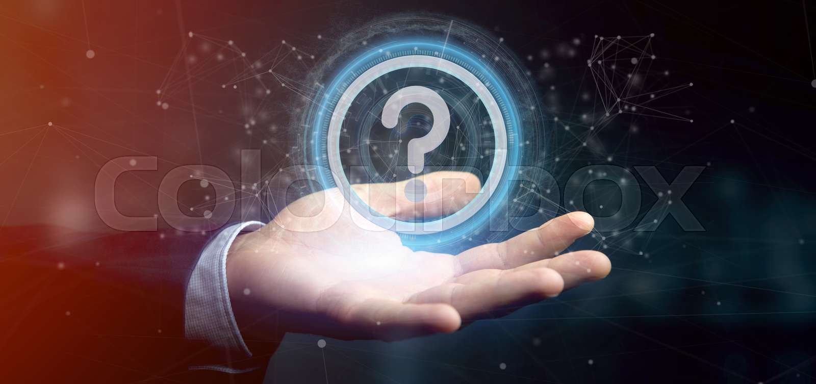 Man holding a Technology question mark icon on a circle 3d rendering ...