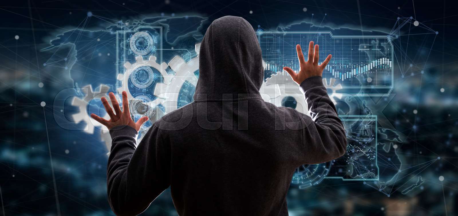 Hacker Man holding a Technology interface 3d rendering | Stock image ...
