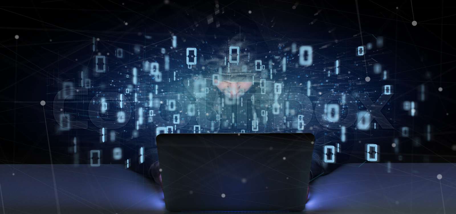 Hacker Man holding Data binary cloud 3d rendering | Stock image | Colourbox