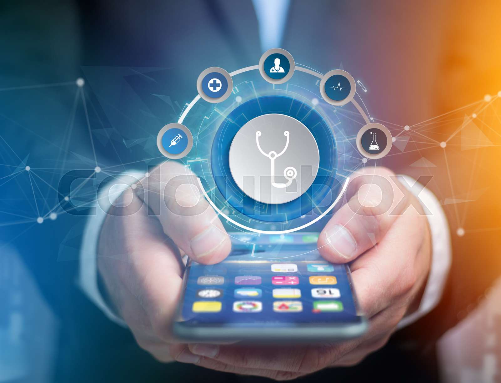 Medecine and general healthcare icon displayed on a technology ...