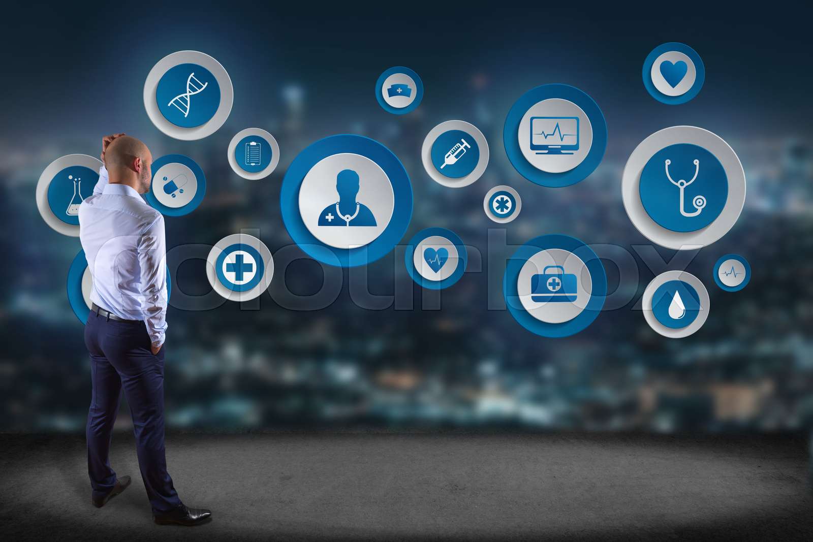 Medecine and general healthcare icon displayed on a technology ...