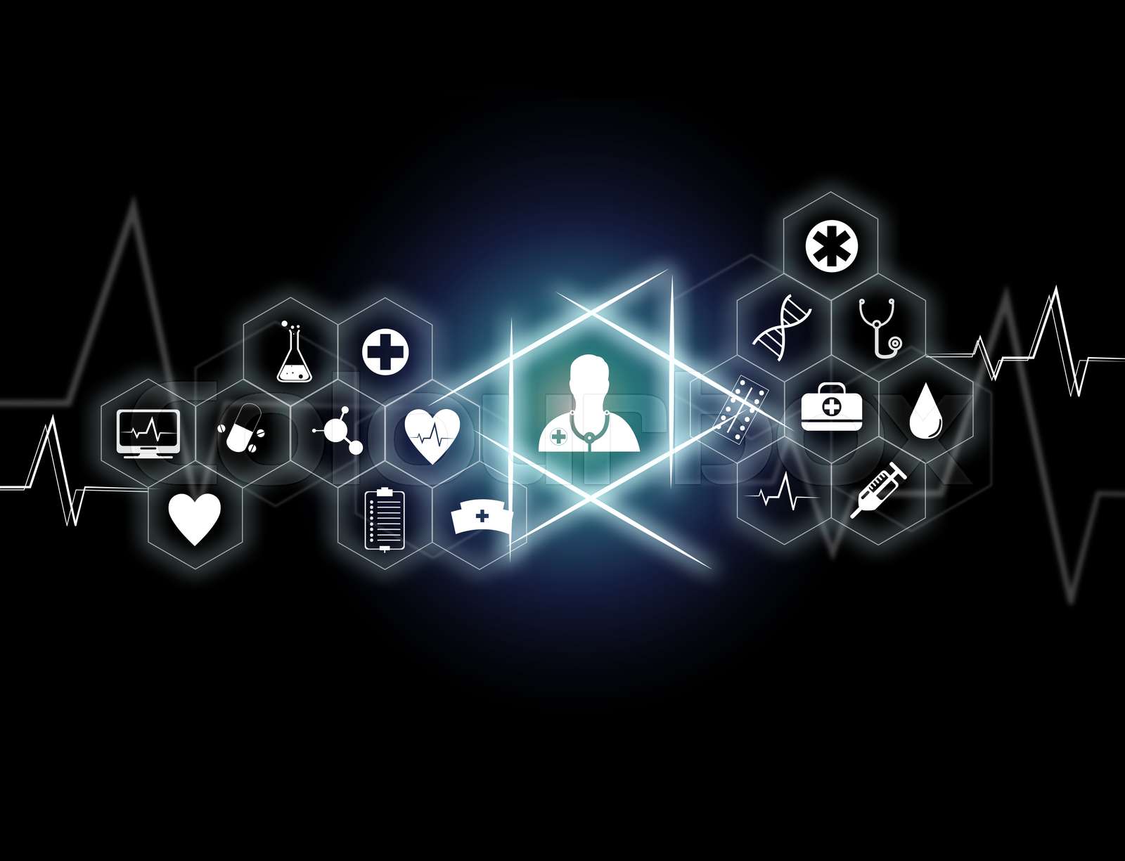 Medecine and general healthcare icon displayed on a technology ...