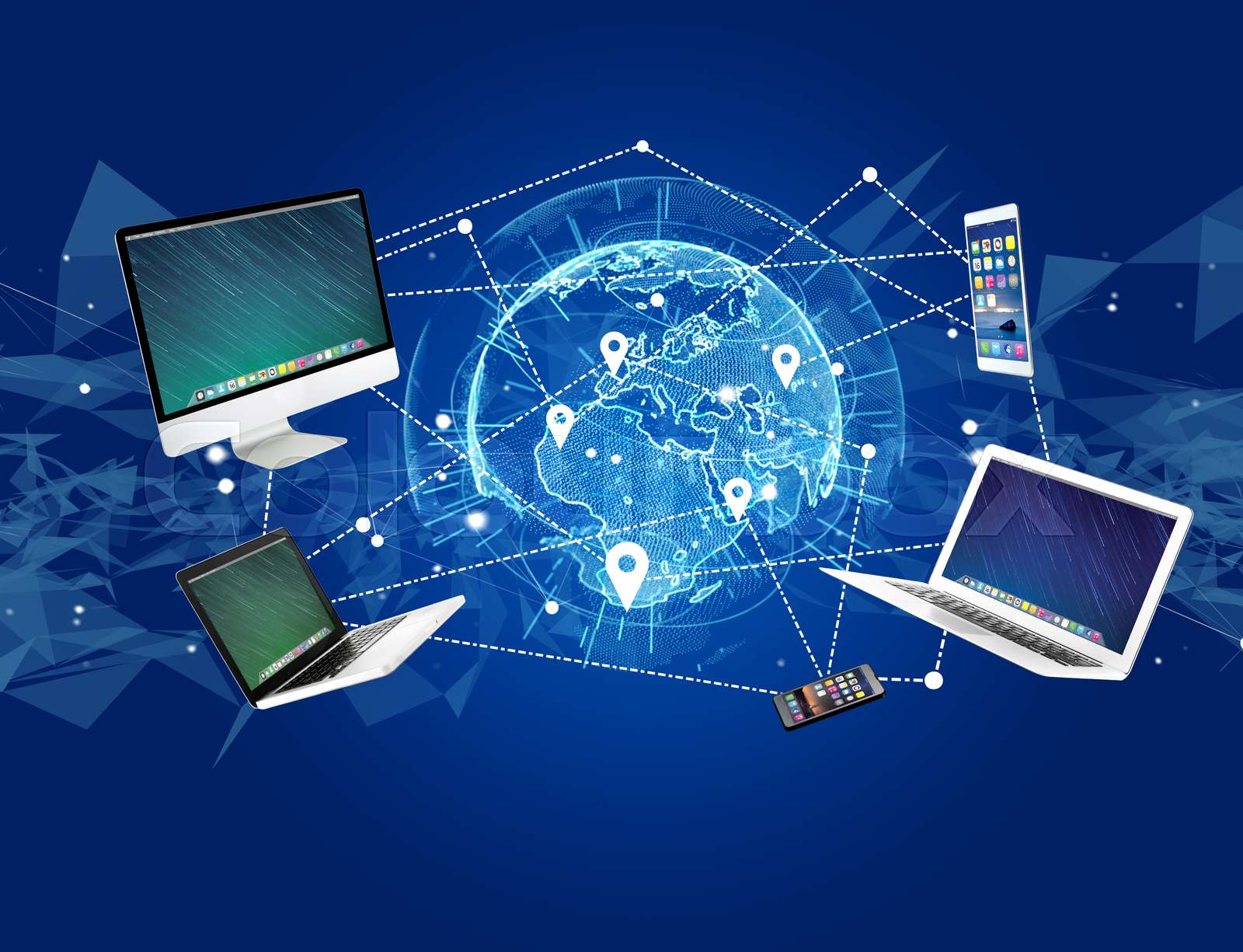 Computer and devices displayed on a futuristic interface with ...