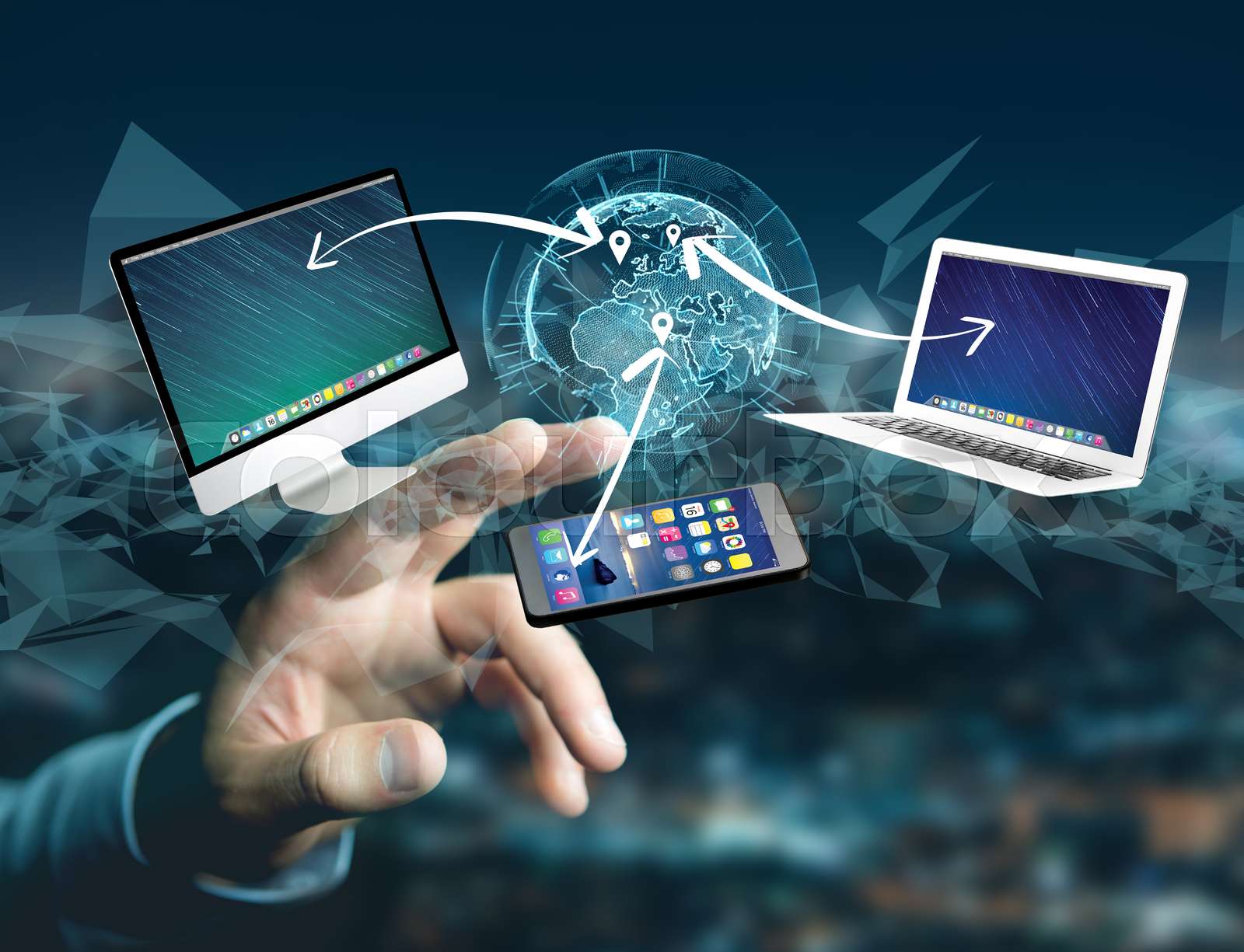 Computer and devices displayed on a futuristic interface with ...