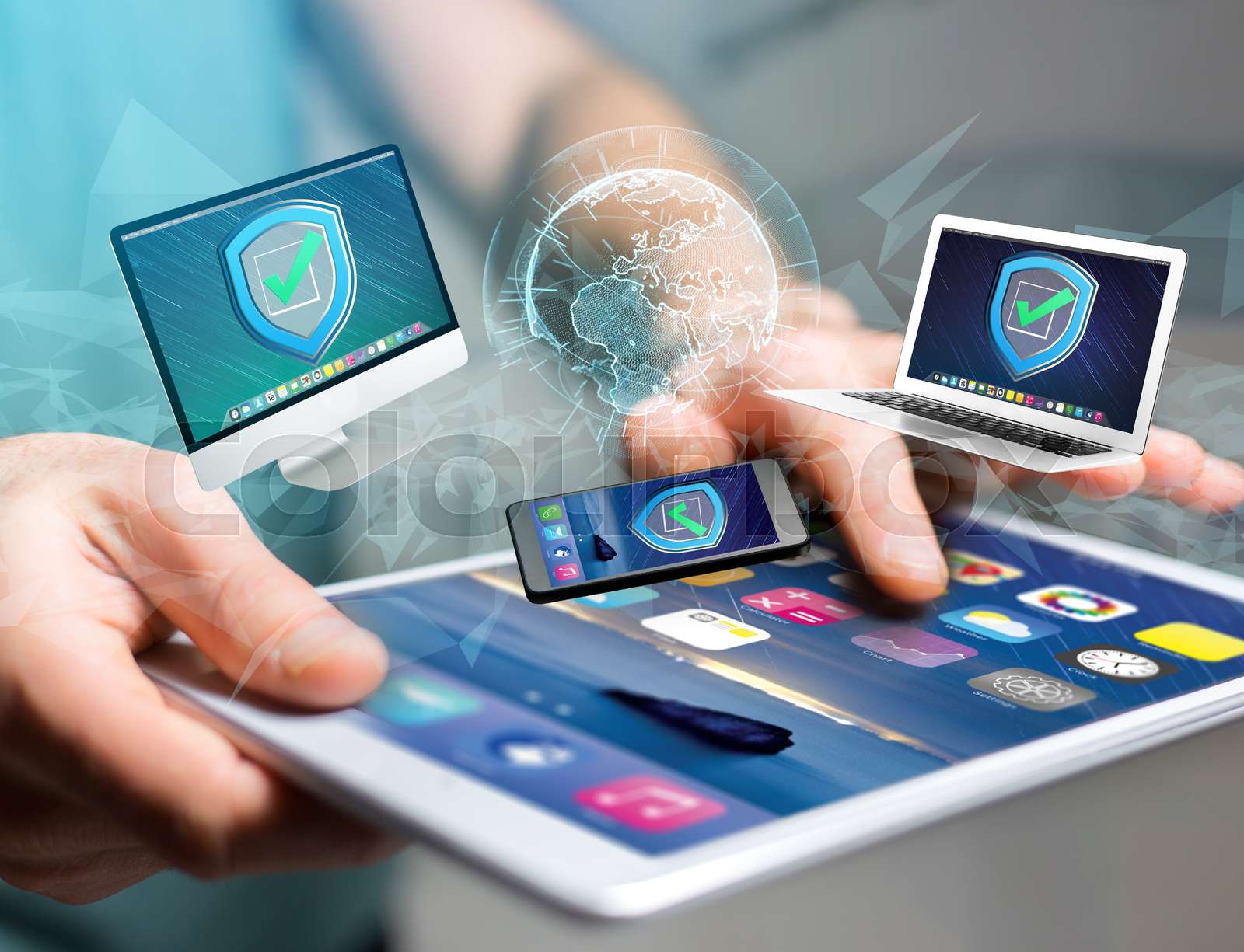 Security shield symbol over a network connection of different devices ...