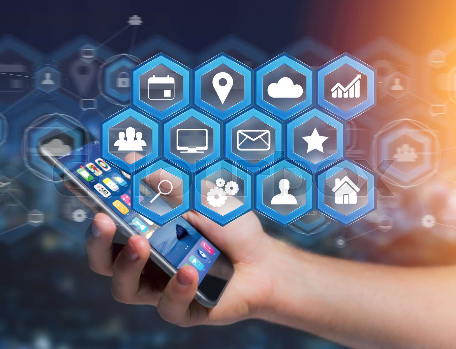 Application center displayed on a futuristic interface with technology ...