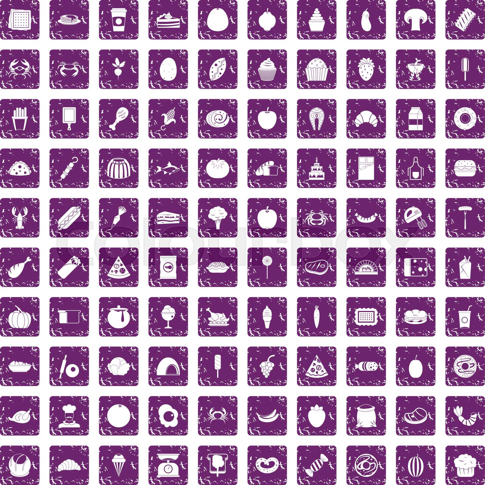 100 favorite food icons set grunge purple | Stock vector | Colourbox