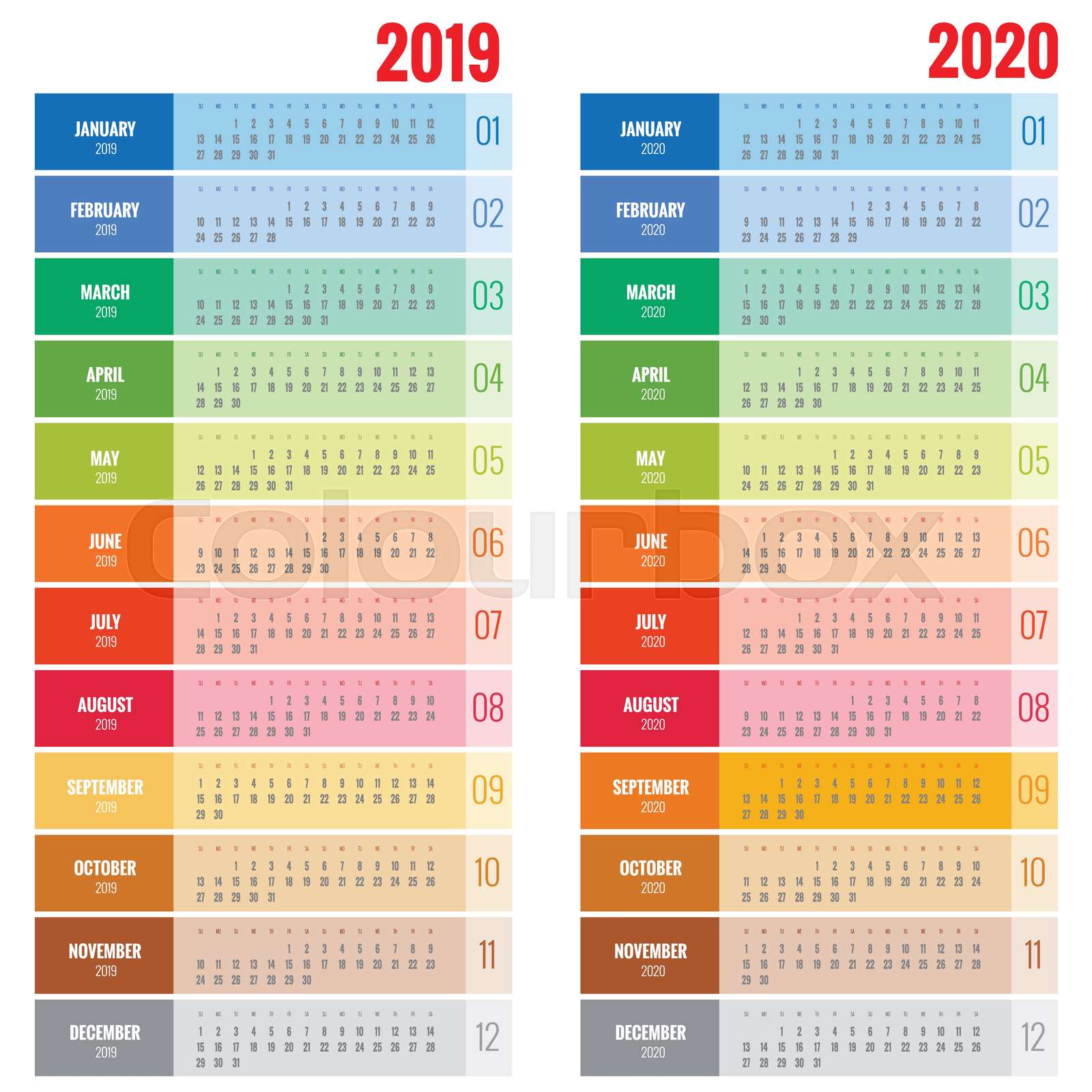 Template calendar 2019. Week Starts on Sunday. Set of 12 Months | Stock ...