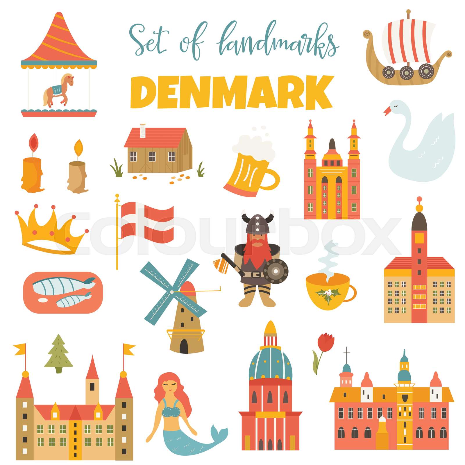 Set of danish landmark, famous places, symbols | Stock vector | Colourbox