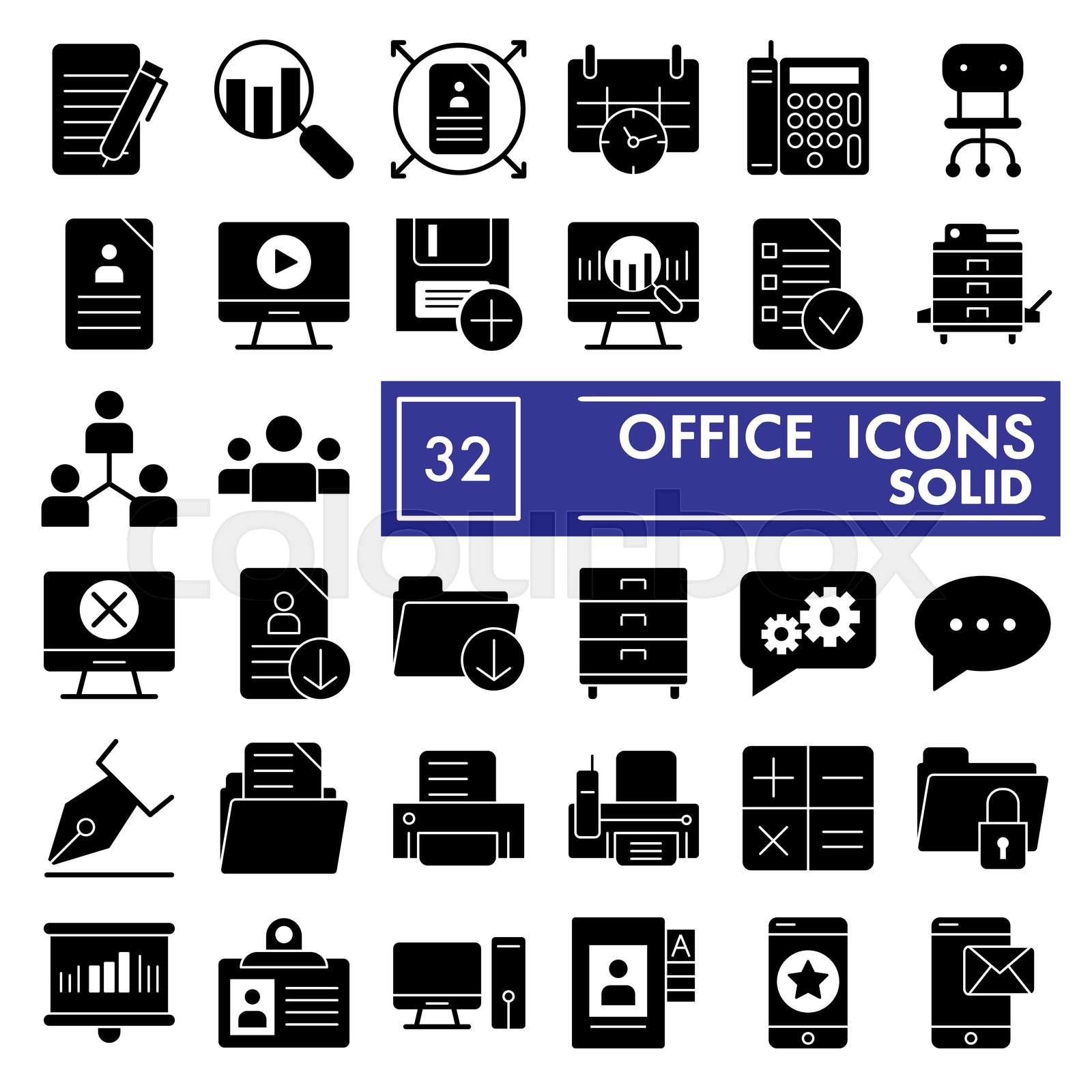 Office glyph icon set, workspace symbols collection, vector sketches ...