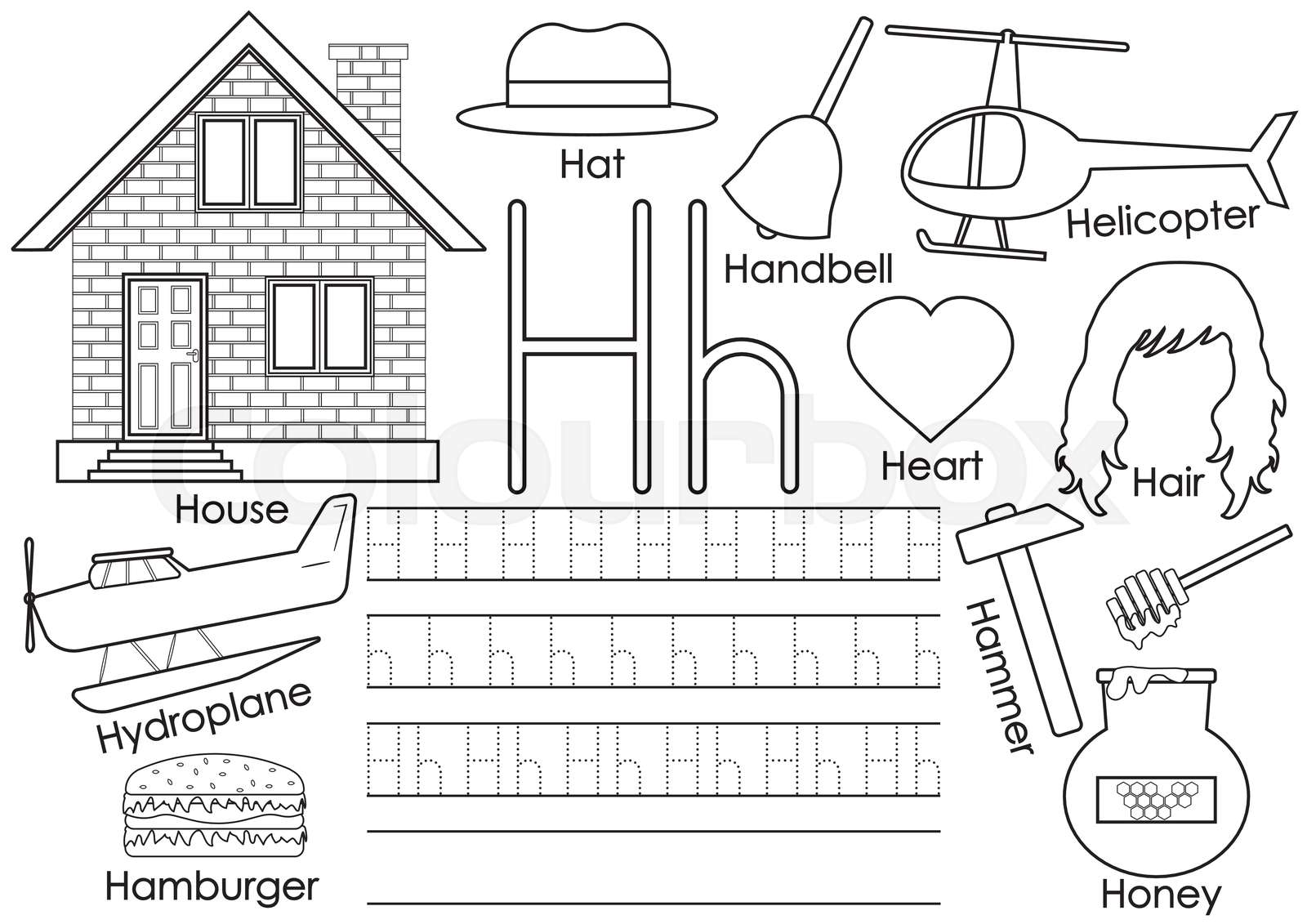 Letter H. Learning English alphabet with pictures. Writing practice and ...