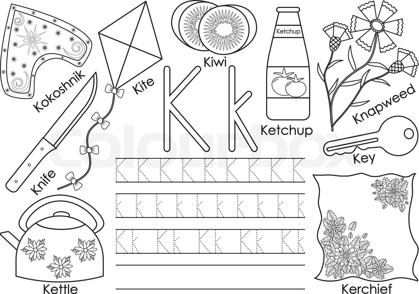 Letter K. English alphabet. Writing practice and coloring book ...