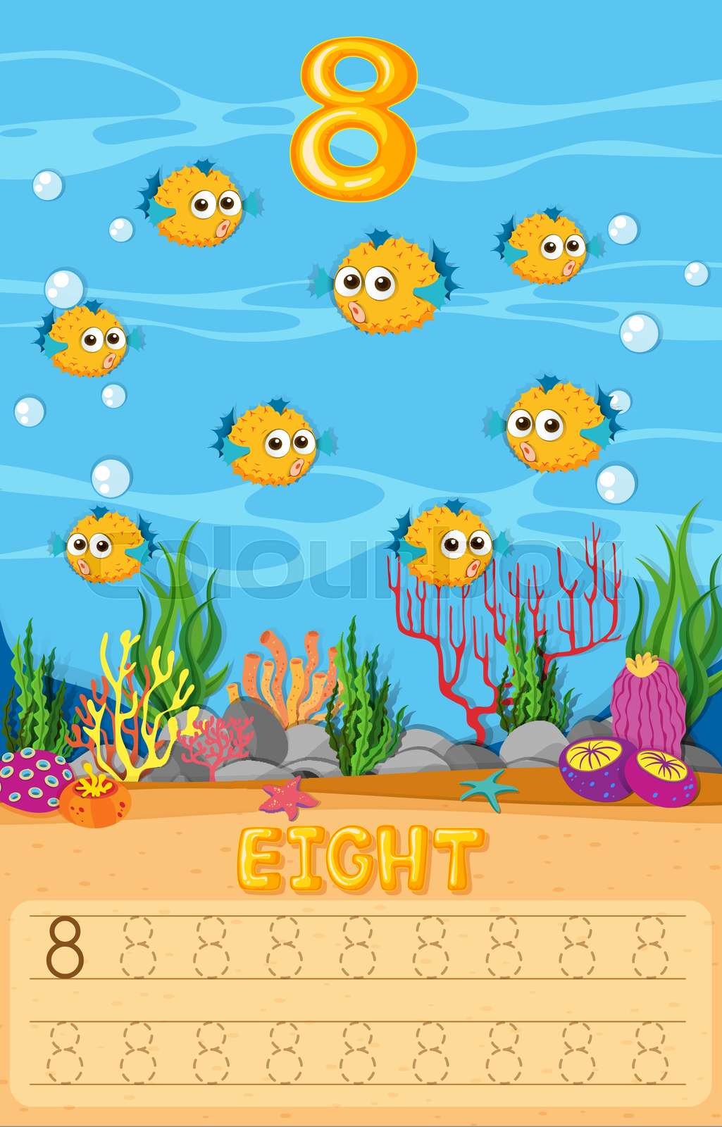 Eight pufferfish in math worksheet | Stock vector | Colourbox
