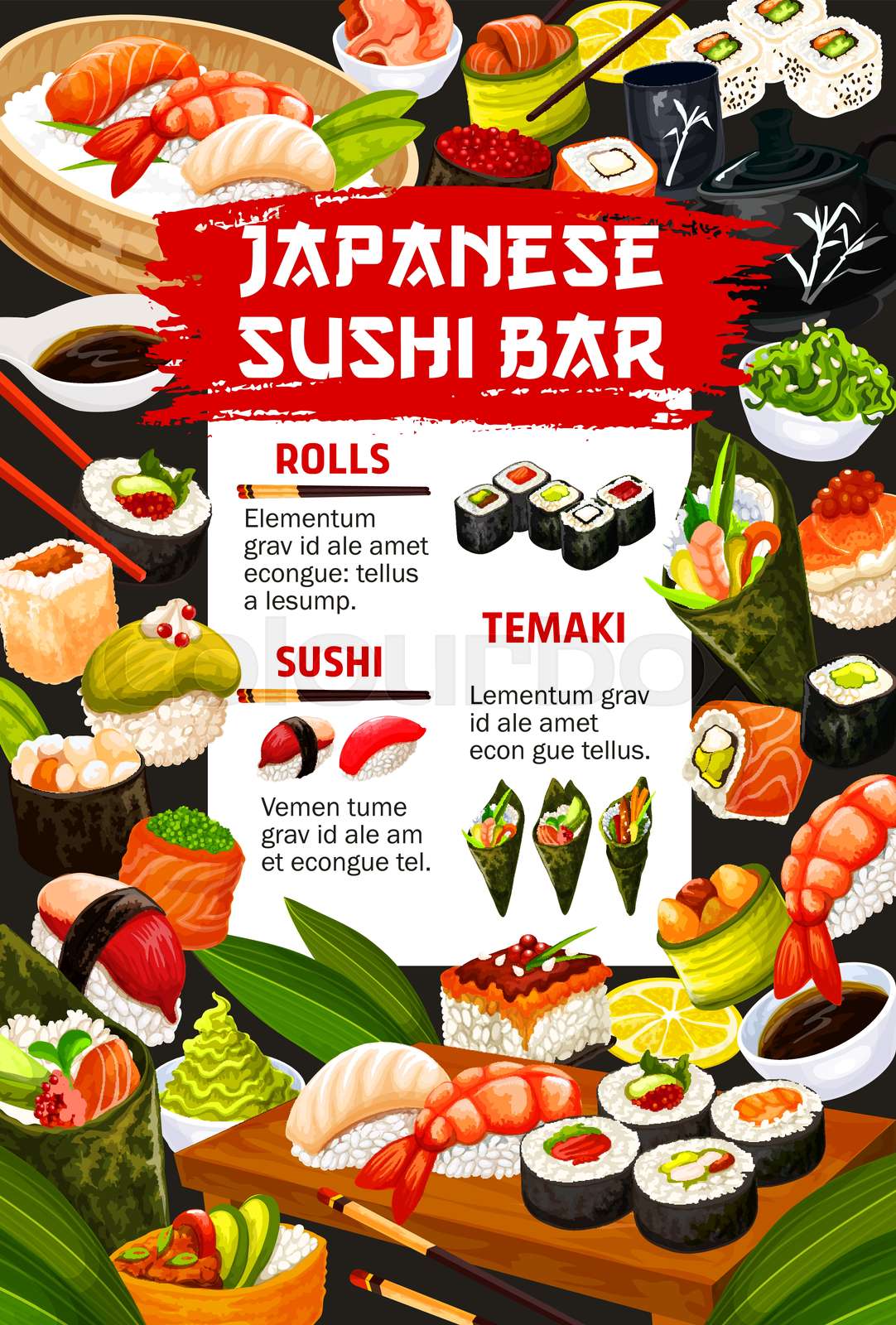 Japanese food cuisine and sushi bar meals menu | Stock vector | Colourbox