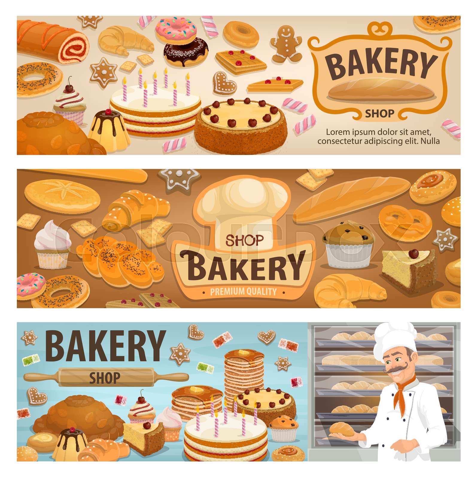 Bakery shop cakes and baker pastry sweets banners | Stock vector ...