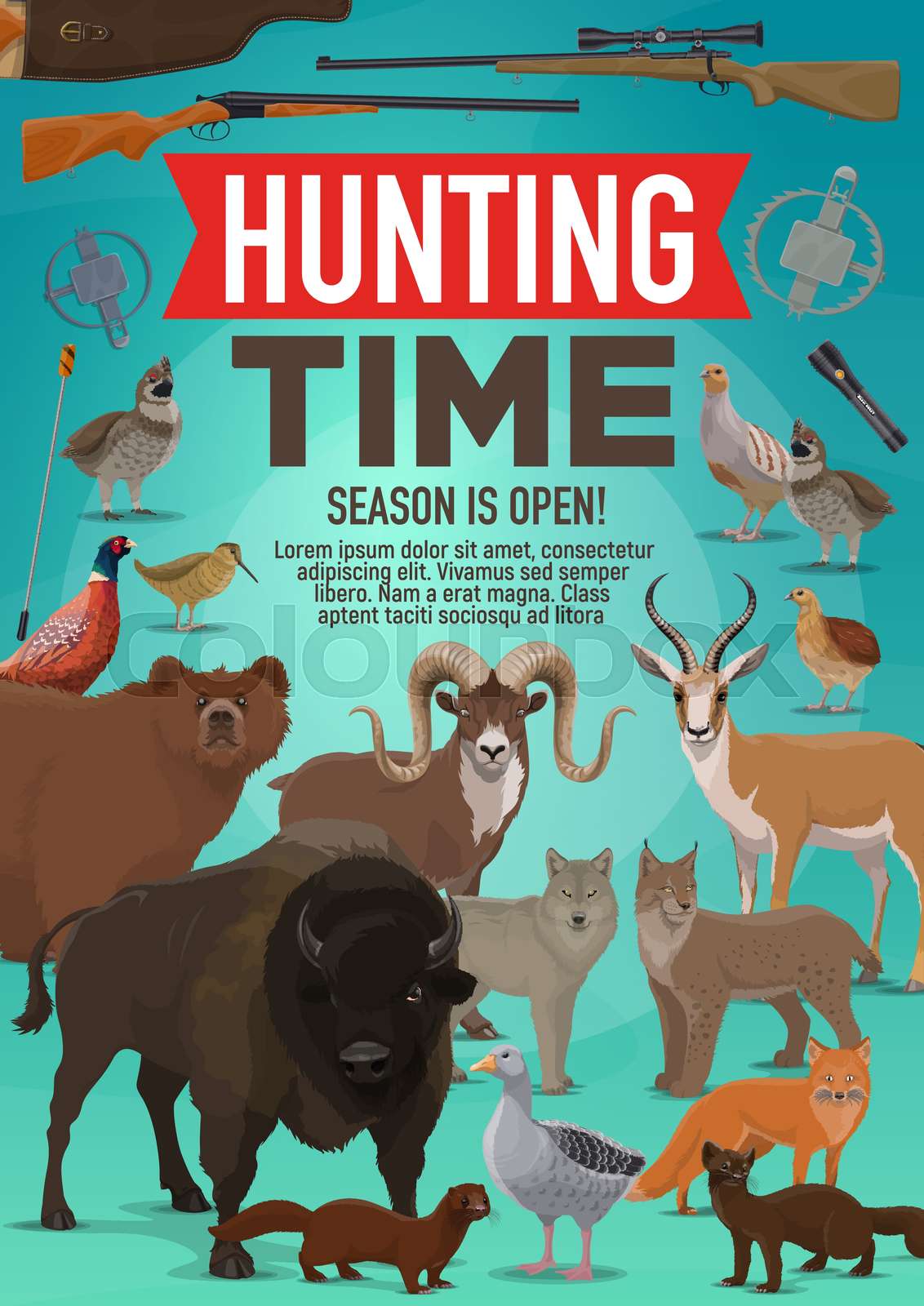Hunting time and hunt open season animals poster | Stock vector | Colourbox