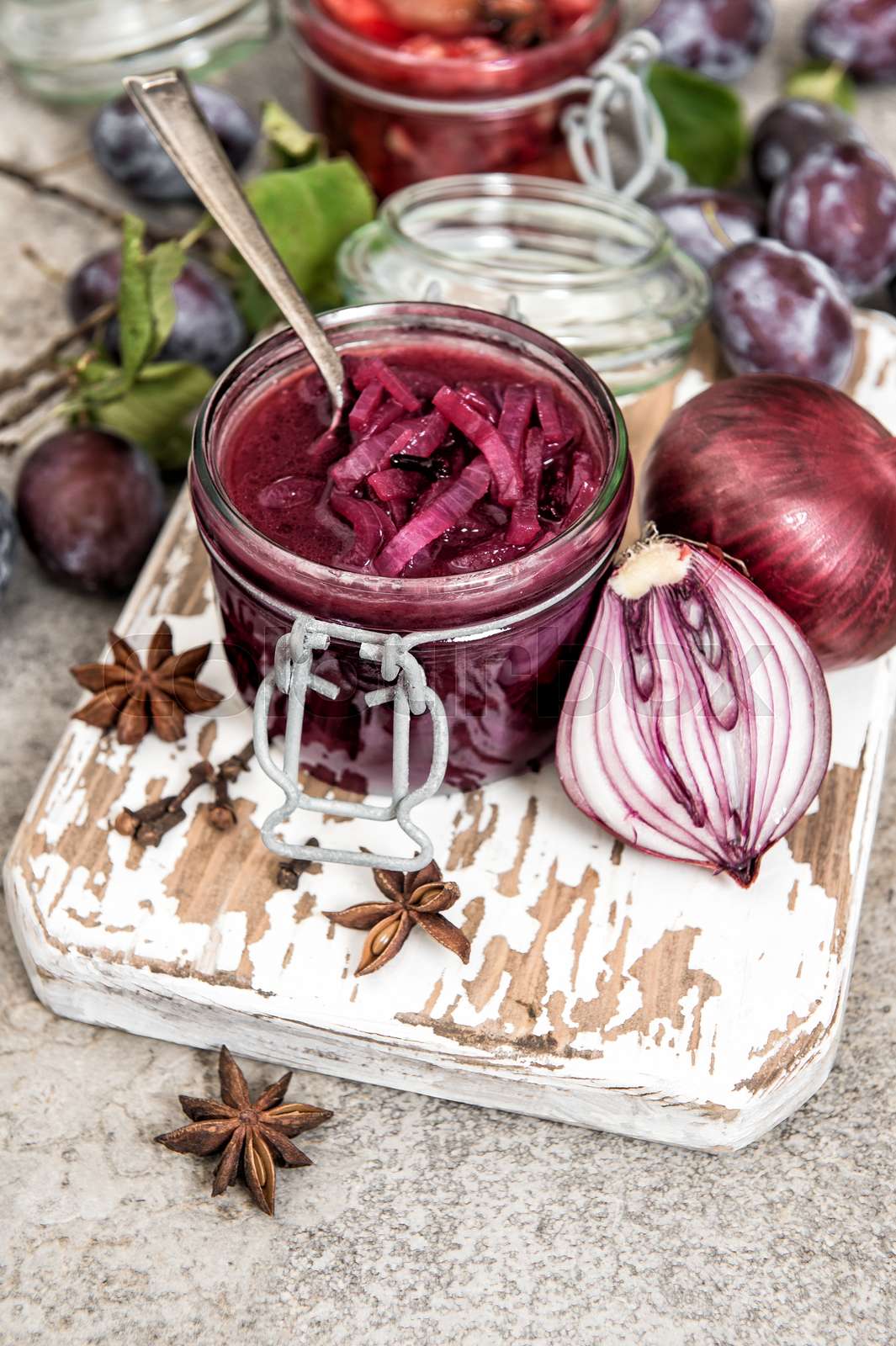 Red onion confiture spices Vegetable jam Plum marmalade | Stock image ...