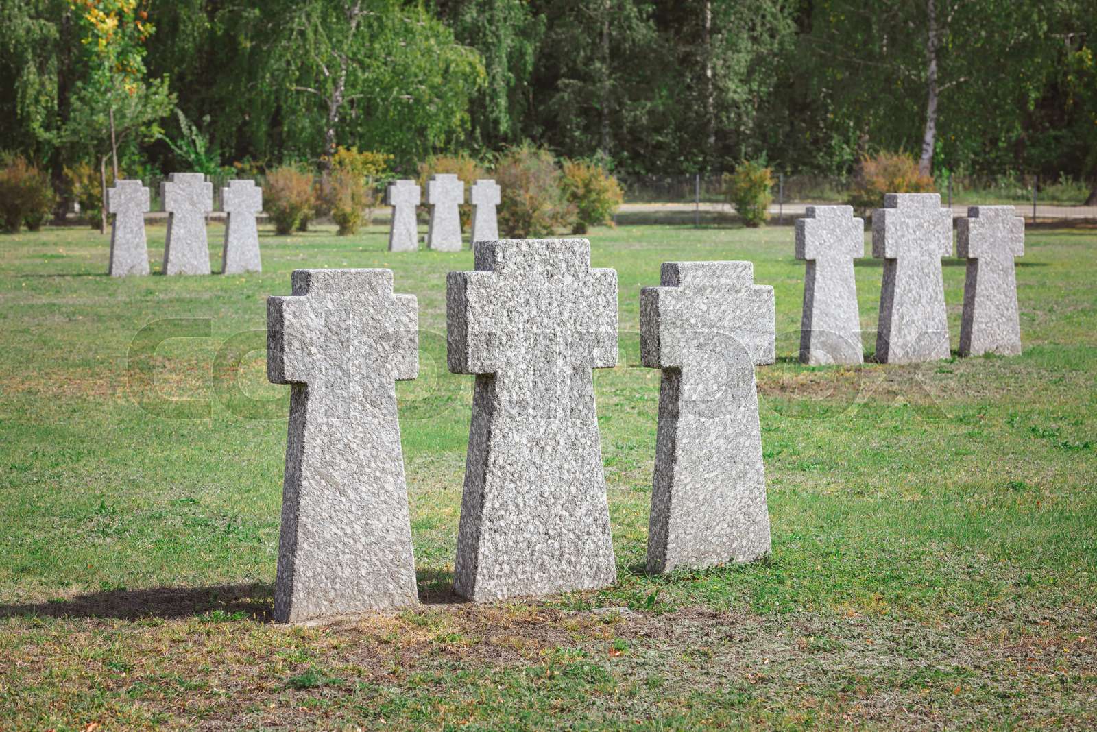 graveyard with identical old memorial headstones placed in rows | Stock ...