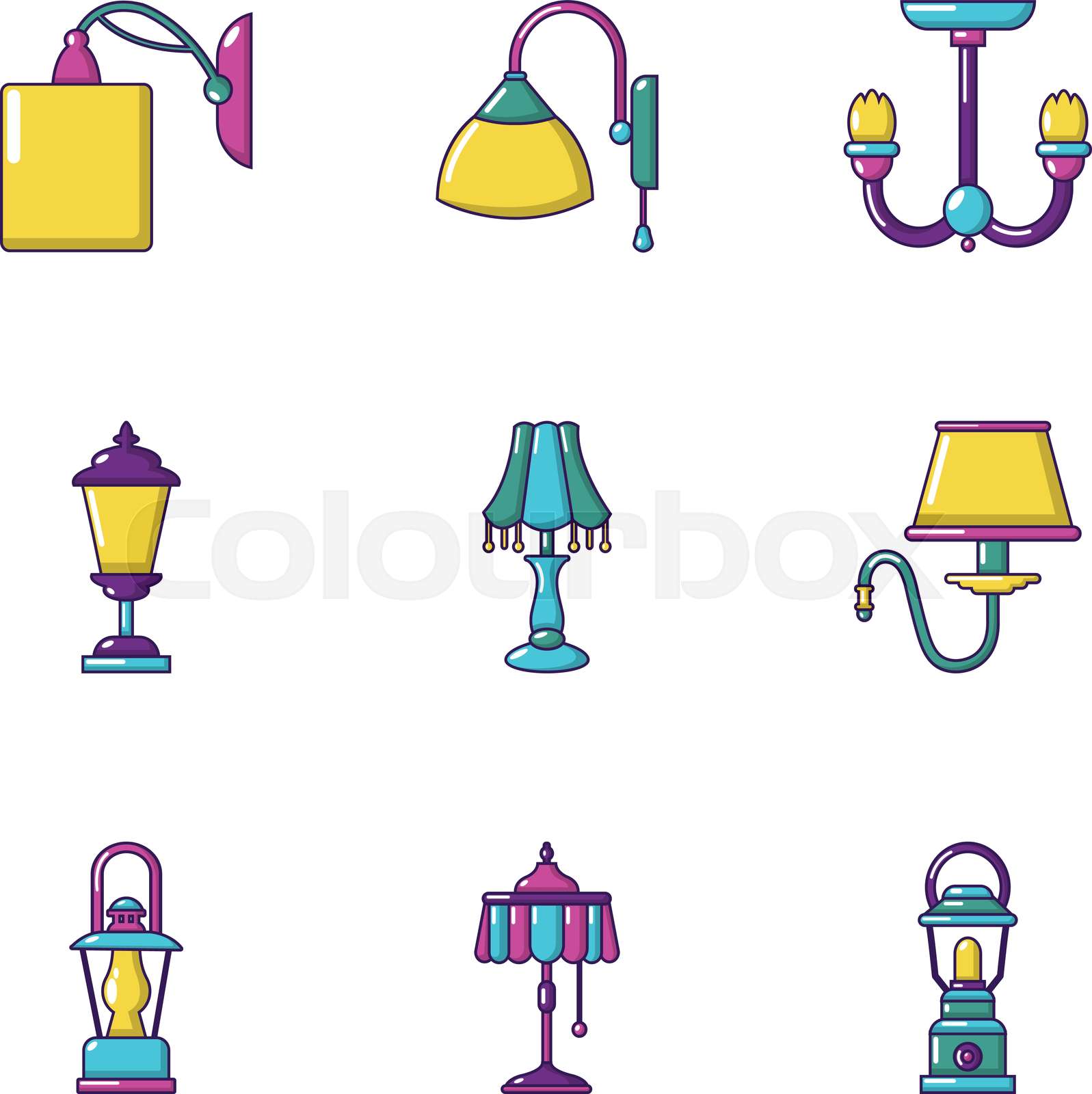 Wall lamp icons set, cartoon style | Stock vector | Colourbox