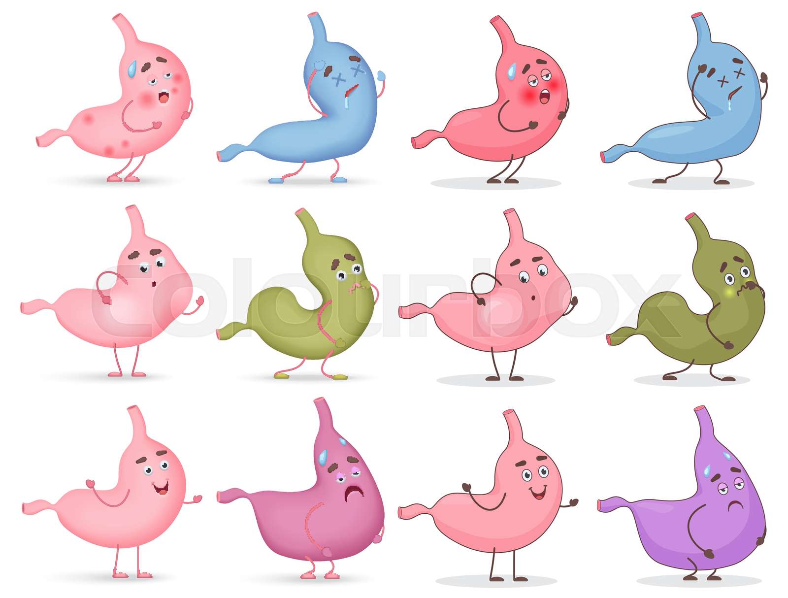 Cartoon set of cute stomach emotions set. Different types of stomach ...