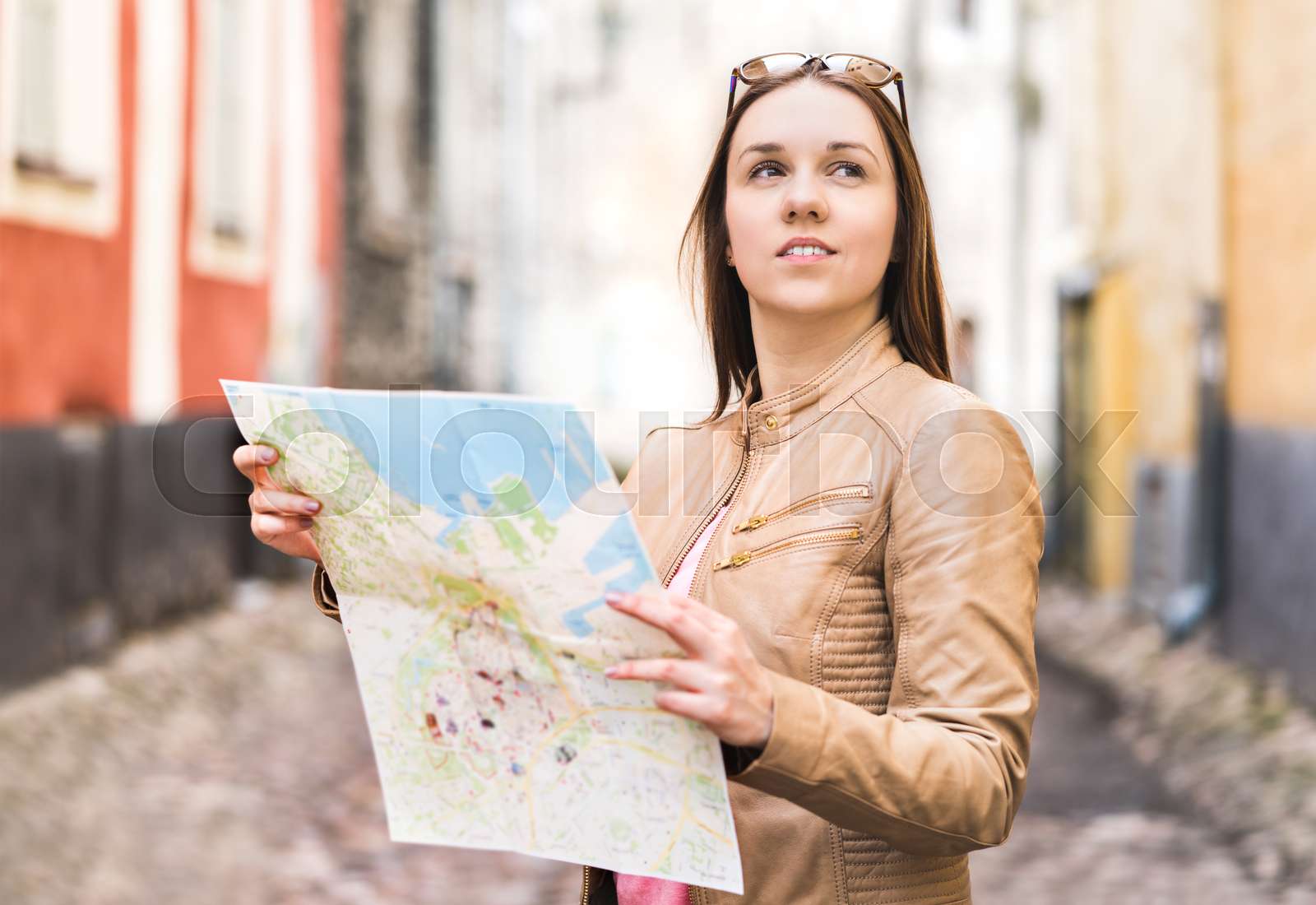 Female traveler with map. Woman traveling. Determined and confident ...