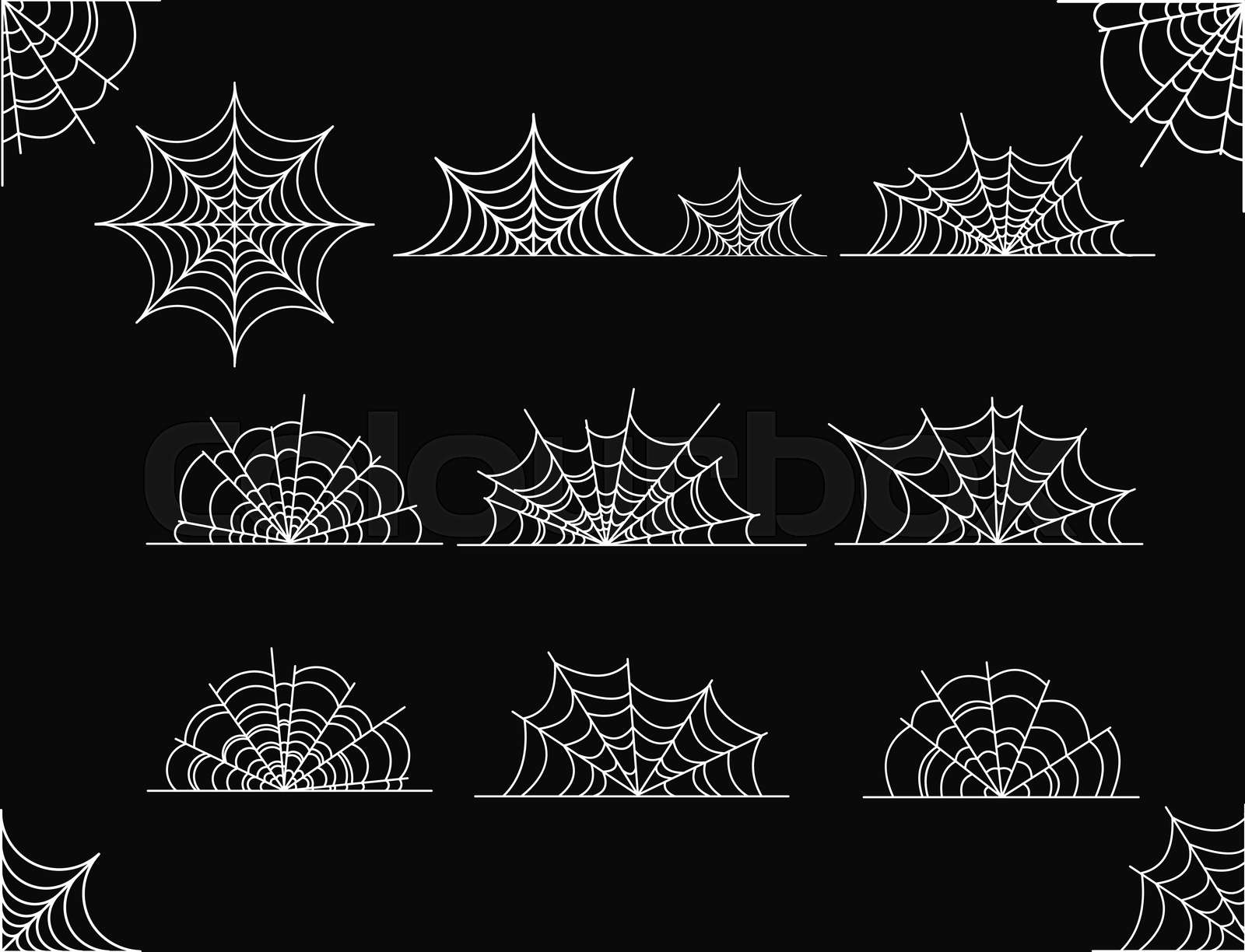 Vector illustration set of spider web of different shapes on black ...