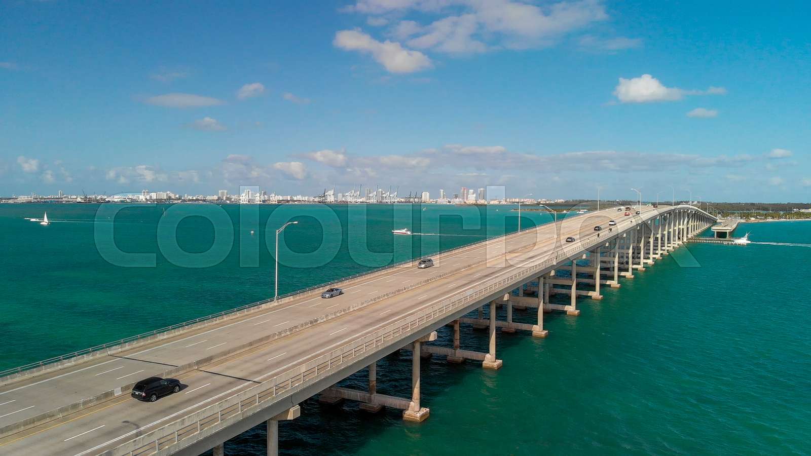 Aerial view of traffic along Rickenbacker Causeway, Miami - Florida ...