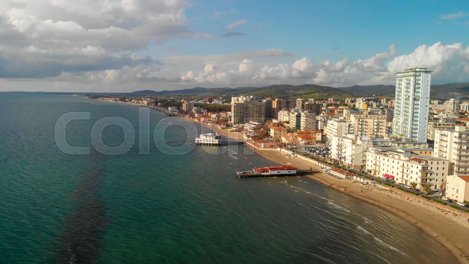 Panoramic aerial view of Follonica, Italy. Coastline of Tuscany with ...