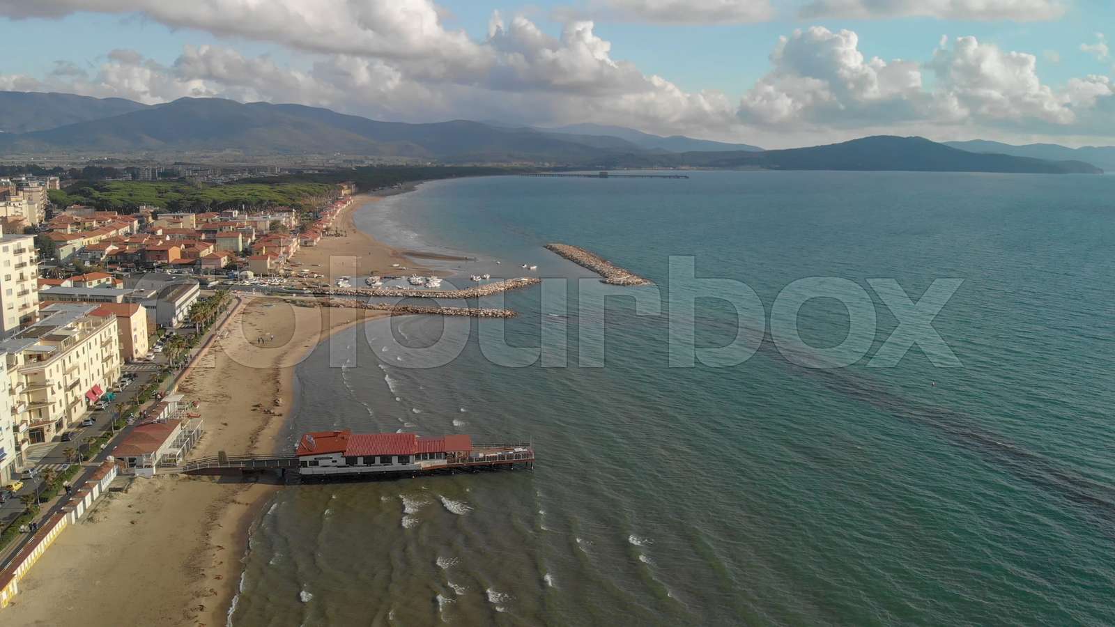 Panoramic aerial view of Follonica, Italy. Coastline of Tuscany with ...