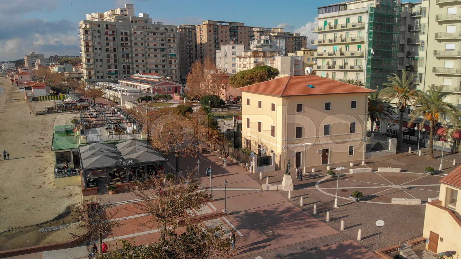 FOLLONICA, ITALY - NOVEMBER 11, 2018: Aerial view of city square ...