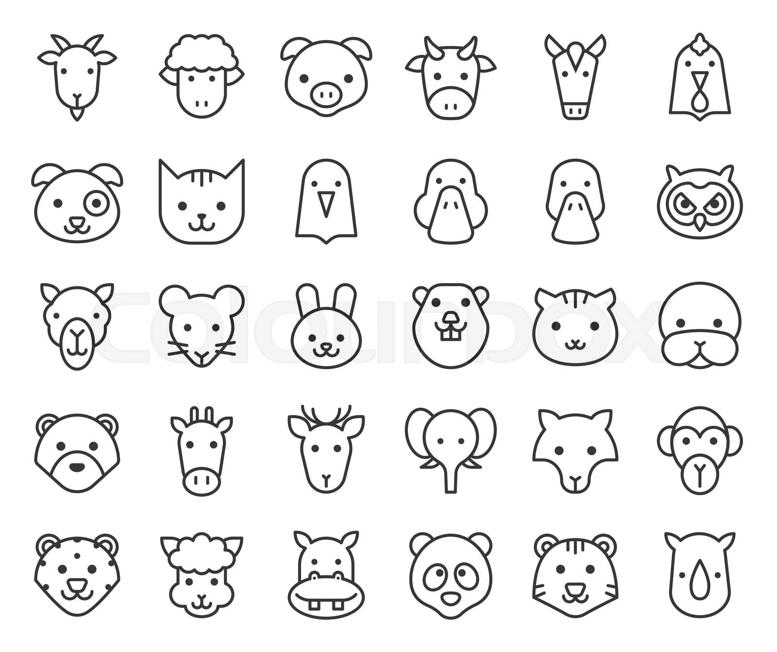 cute animal face included farm, forest and African animals, outline ...