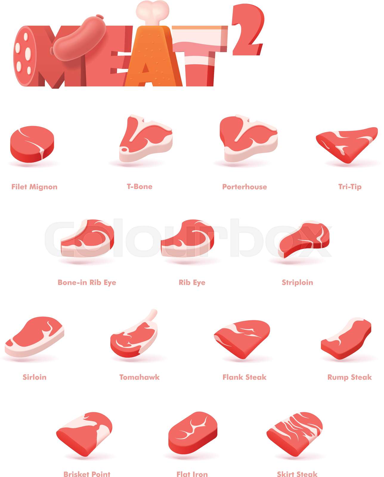 Vector beef meat cuts for steaks | Stock vector | Colourbox