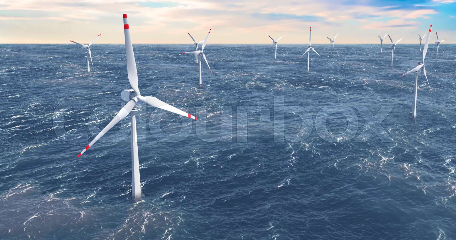Wind farm, wind turbines in the sea, animation. 3D rendering | Stock ...