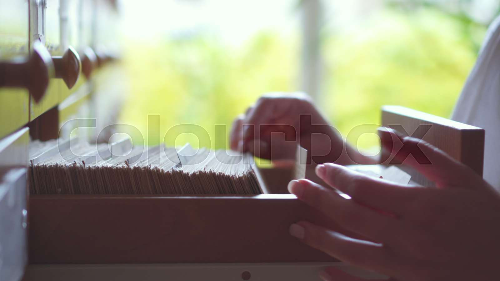 Hands of woman checking cards at library | Stock video | Colourbox