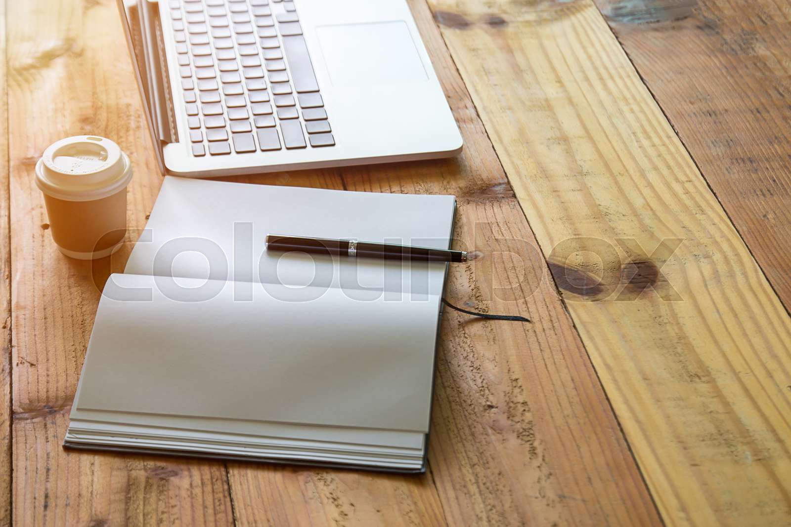 Office desk with laptop coffee in workspace | Stock image | Colourbox
