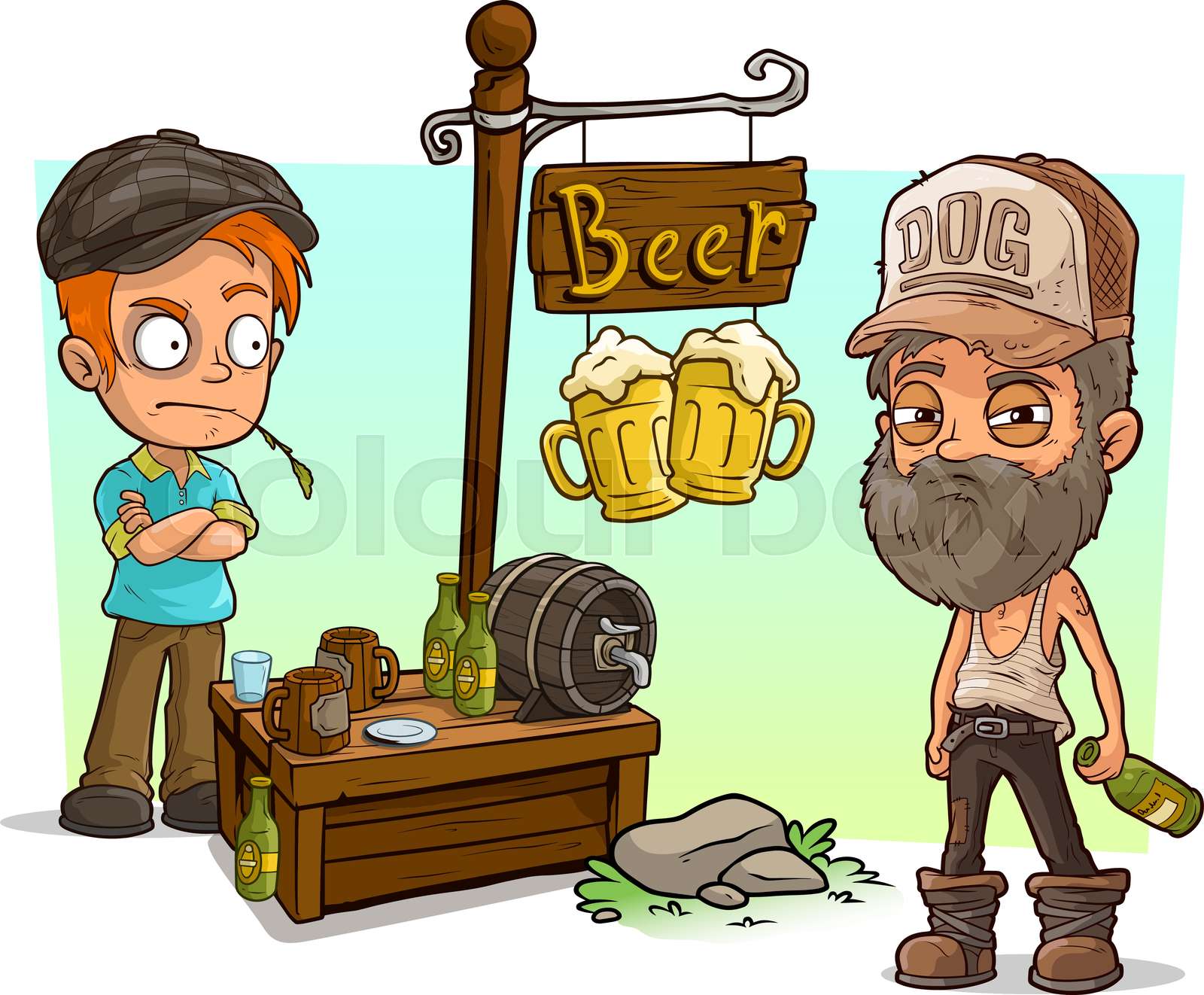 Cartoon alcoholic and bad guys with beer shop | Stock vector | Colourbox