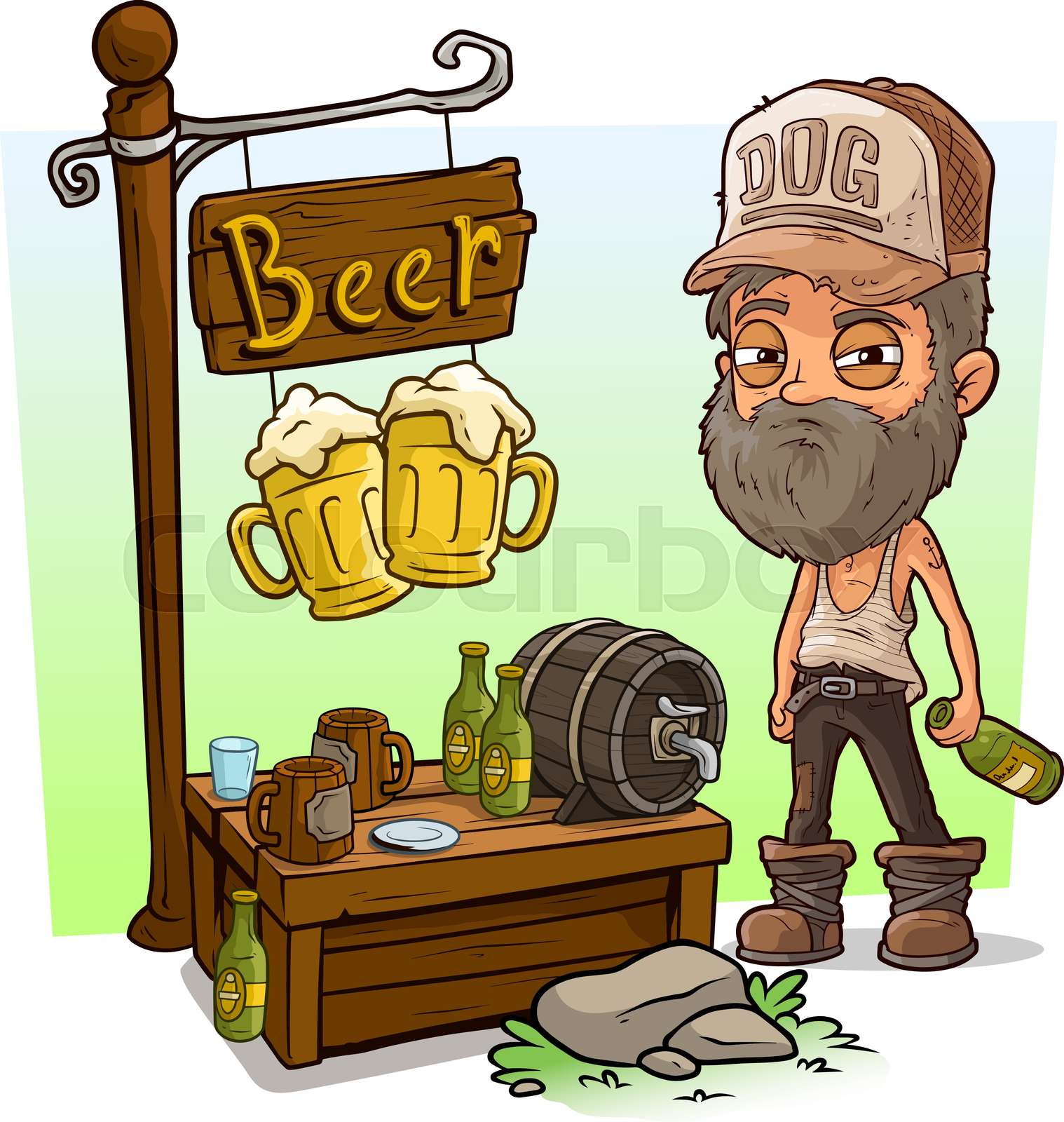 Cartoon old alcoholic character and beer shop | Stock vector | Colourbox